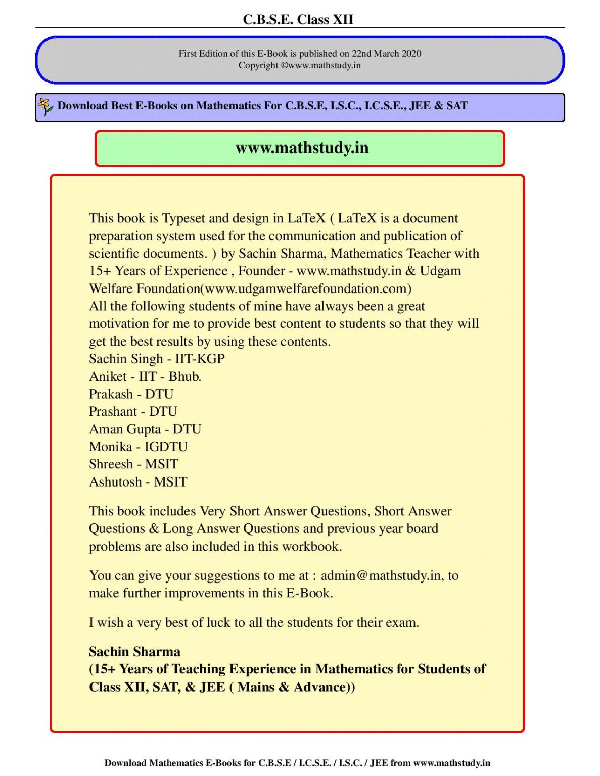 Mathematics -Work Book Class XII - C.B.S.E. ( Fully Solved ) - Best E-books, Mathematics ...